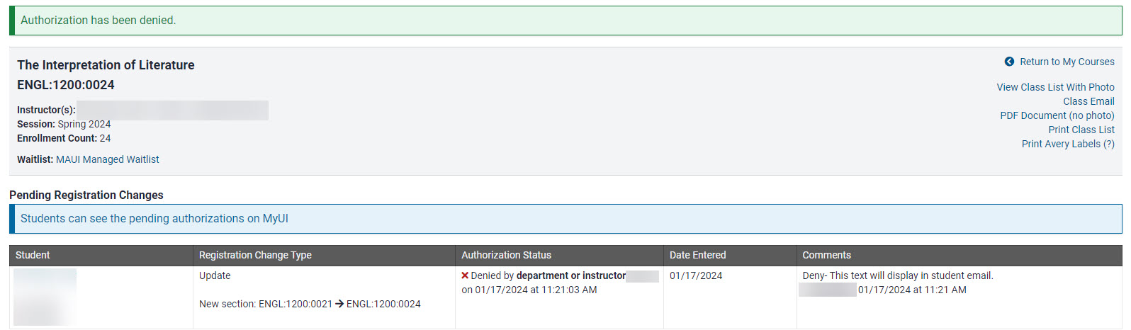 Online Section Change Process - Instructors | MAUI Help - The University of Iowa
